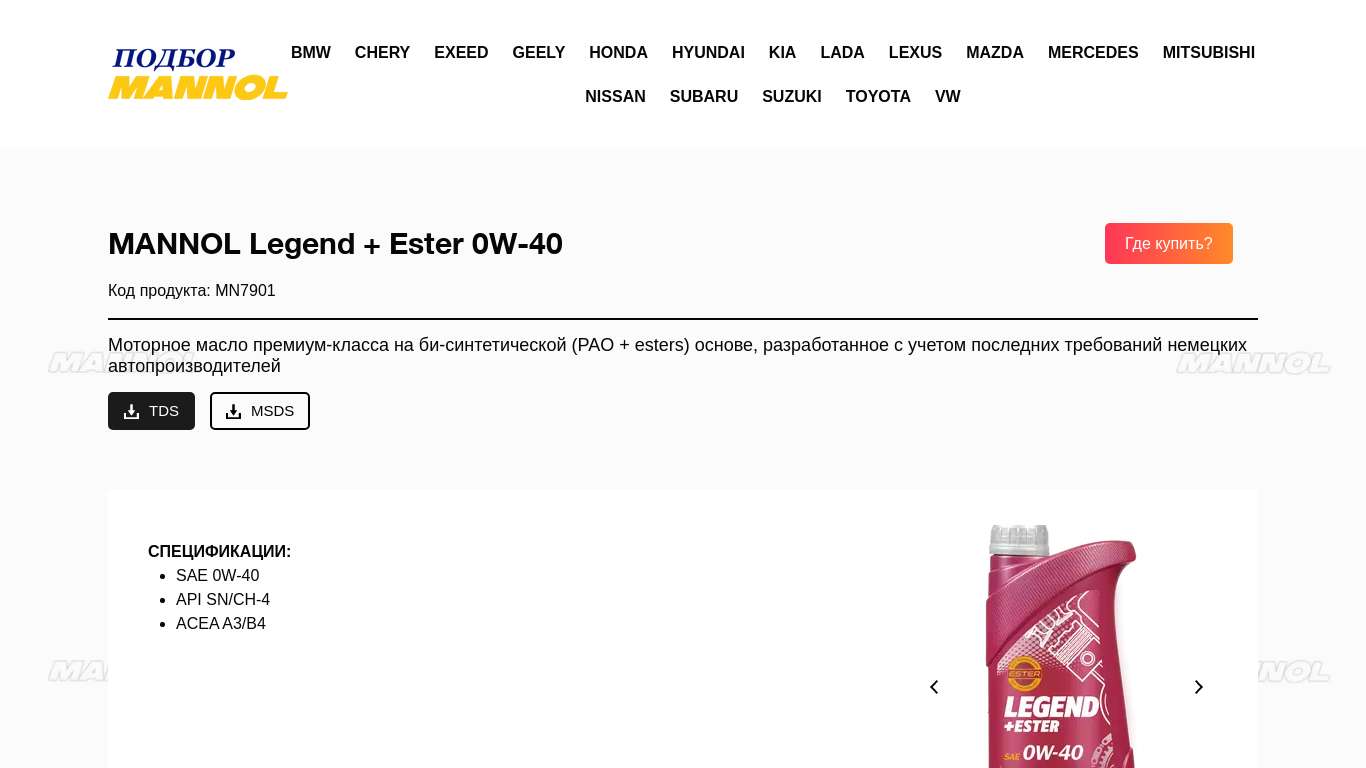 Моторное масло MANNOL 7901 Legend + Ester 0W-40